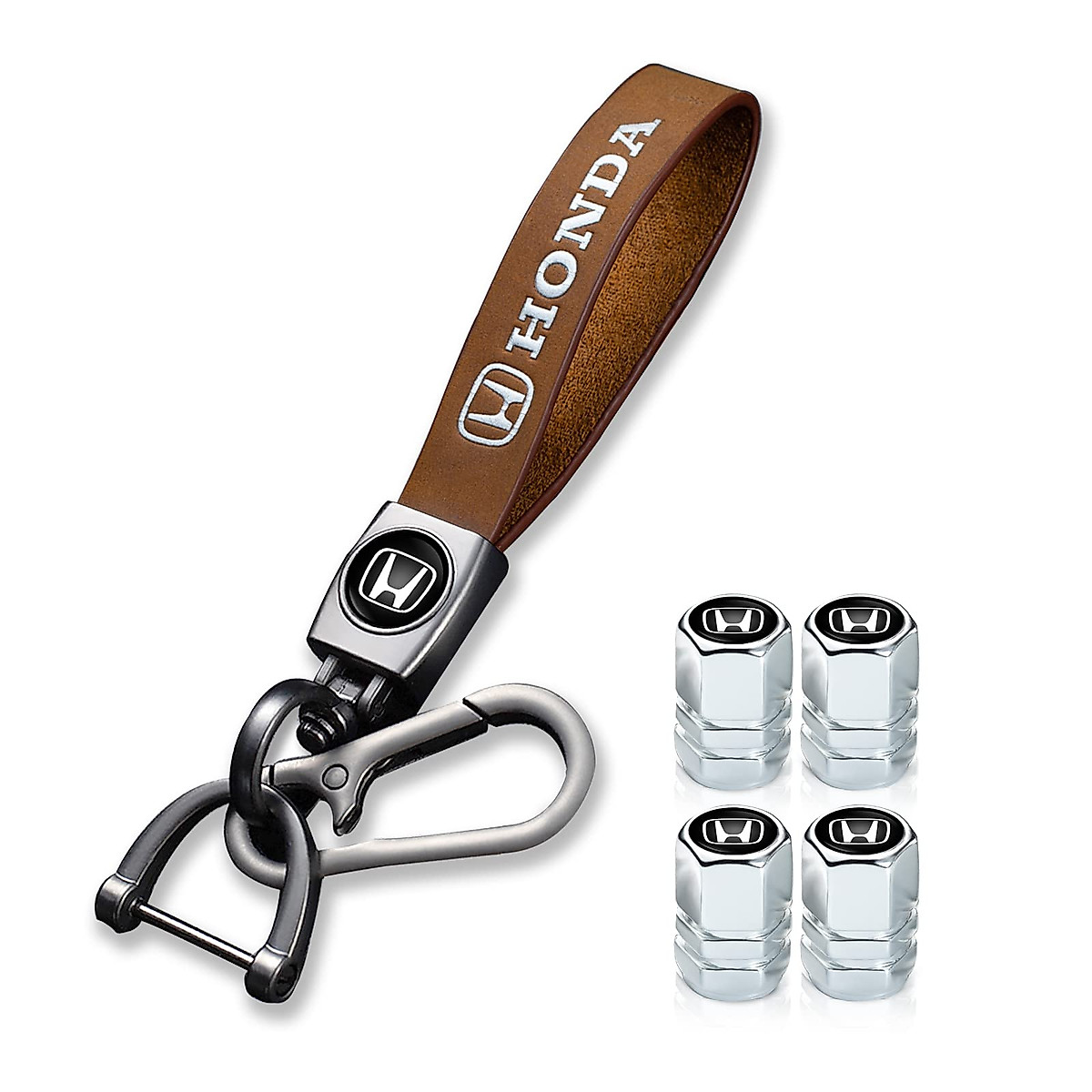 Car Wheel Tire Valve Stem Caps with Genuine Leather Keychain Compatiable with Honda CR-V CRV Pilot EX EX-L Travel Car Logo Keychains car Accessories