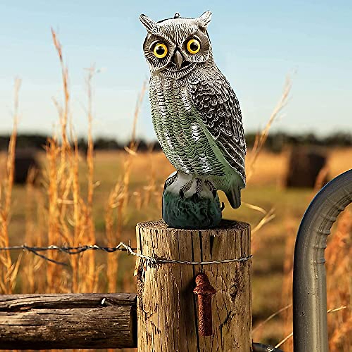 Christmas Owl Decoys to Scare Birds Away with 4 Pcs Hanging Reflective Bird Scare Spiral Rods, Plastic Fake Owl to Keep Birds Away