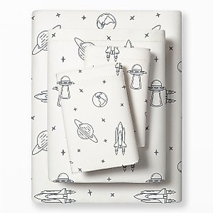 MakeMake Organics Organic Sheet Set Twin (4 Piece) GOTS Certified Organic Cotton Sheets 300 TC Sateen Soft Fitted Sheet Flat Sheet Pillow Cases Toddler Kids Navy (Twin, Astronaut)