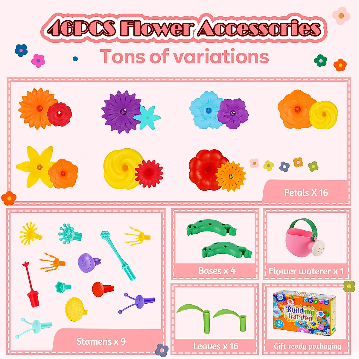 FUNZBO Flower Garden Building Toys - Toddler Girls Toys for Age 3 4 5 6 7 Years Old, STEM Montessori Educational Toys for Kids, Sorting & Stacking Set for Birthday Valentine Easter