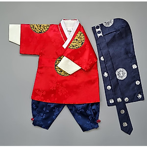 Korean Traditional Clothing Hanbok Boy Baby 100th Days First Birthday Dol Party Celebrations Red 1-10 Ages BDGH03 (100th days hanbok+hat)