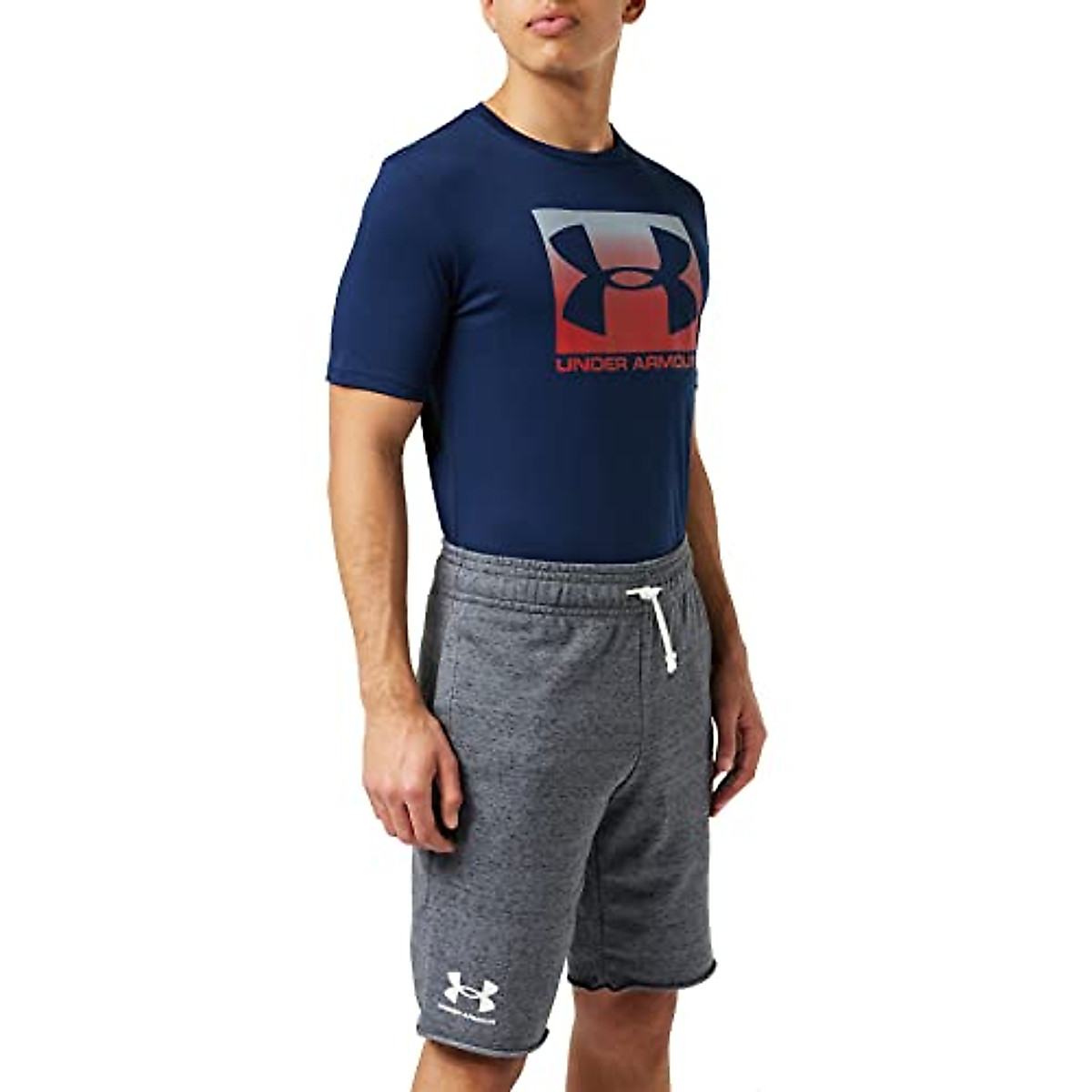Under Armour Mens Rival Terry Shorts , Pitch Gray Full Heather (012)/Onyx White , Large