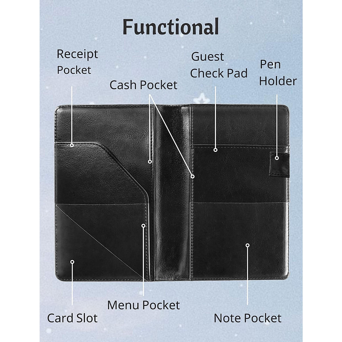 Glitter Black Server Book for Waitress Book Server Wallet Waiter Book Cute Bling Waitstaff Organizer Fit Waitress Apron (Glitter Black)