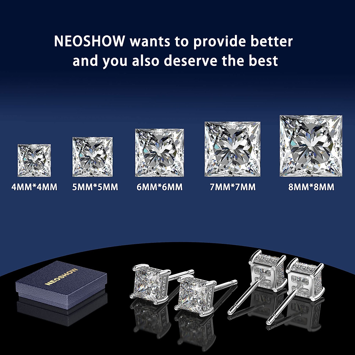 18K White Gold Plated Sterling Silver Princess Cut Cubic Zirconia Stud Earrings Square Simulated Diamond CZ Stud Earrings for Women Men Hypoallergenic (7MM, White Gold)