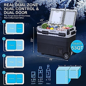 IDEALHOUSE 12 Volt Refrigerator, 53 QT(50L) RV Refrigerator, Car Fridge Dual Zone WIFI APP Control, -4℉ to 50℉, Car Fridge with 12/24V DC and 110-240V AC, Compressor Cooler for Car Travel or Home Use