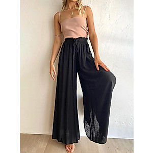 LilyCoco Women’s Wide Leg Palazzo Pants High Waisted Flowy Baggy Bottom Elastic Waist Trousers Wide Leg Black Small