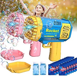 2 Pack Bubble Machine Gun for Kids, 40 Holes Rocket Bubble Maker with Light, Bubble Blaster Bubble Blower Toys Party Favor Graduation Outdoor Activity for Kids Age 3 4 5 6 7 8