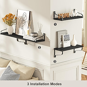 Love-KANKEI Black Floating Shelves for Wall Set of 4, 15.7 Inch Wood Wall Shelves with Bracket, Rustic Hanging Shelves for Bathroom, Bedroom, Kitchen,Living Room, Office Display