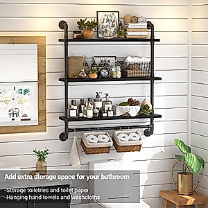 armocity 3 Tier Floating Shelves Industrial Pipe Shelving Iron Pipe Shelves with Towel Bar, Wood Bathroom Shelves Wall Mounted Pipe Wall Shelf with Hooks for Bedroom, Bathroom, Living Room, Black
