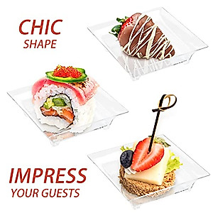Qeirudu 100 Pack 1 oz Mini Plastic Plates for Appetizers - Small Dessert Plates with Spoons Reusable Square Appetizer Bowls Tiny Individual Serving Trays