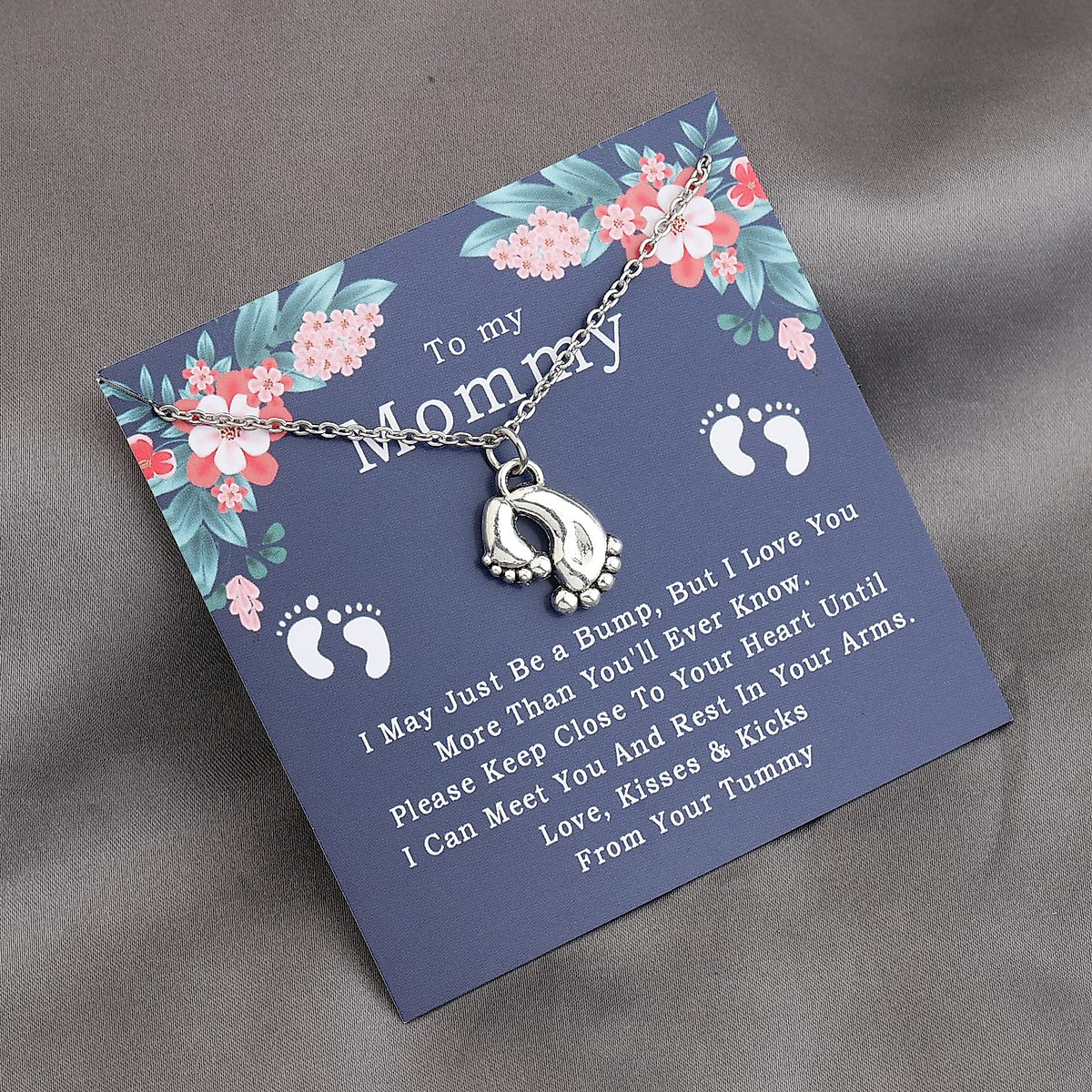 WSNANG First Time Mom Pregnancy Gift Necklace with Message Card Feet Footprints Pendant Necklace for Expecting Mom (Feet Bump NL Card)