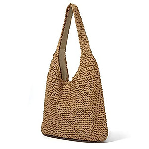 CHIC DIARY Womens Hand-woven Straw Shoulder Bag Large Summer Beach Leather Handles Handbag Tote with Zipper (#01-Khaki)