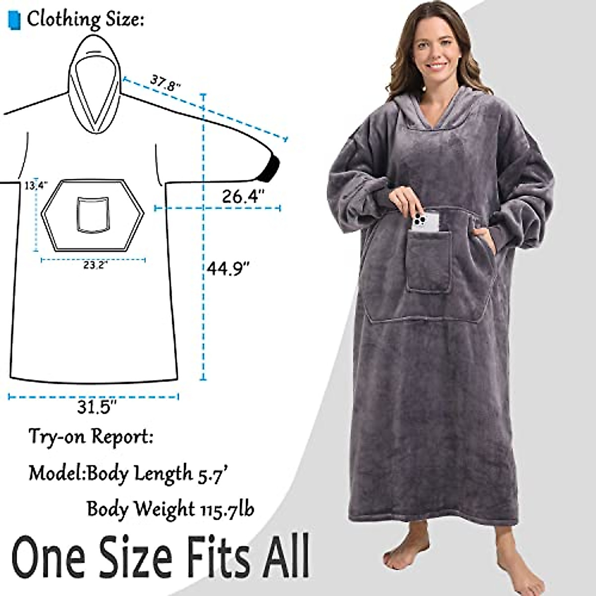 FUSSEDA Oversized Wearable Blanket Sweatshirt, Super Thick Warm Fleece Cozy Sherpa Hooded with Pockets and Sleeves Snuggie Gift for Women and Men