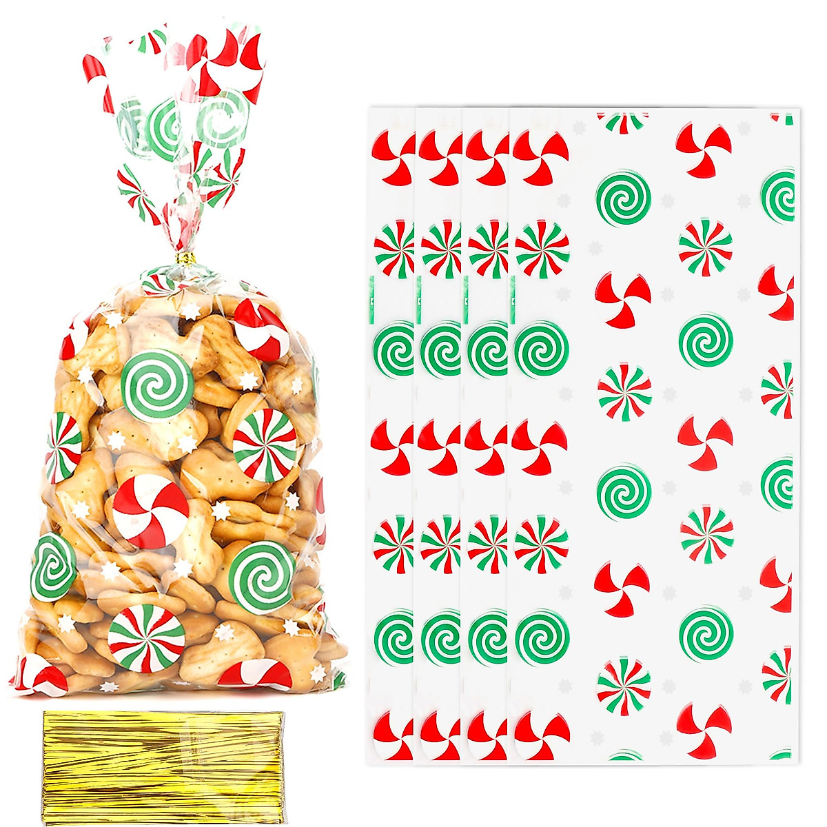 Christmas Treat Bags, Christmas Cellophane Bags, 50Pcs Christmas Candy Bags, Cellophane Treat Bags with Twist Ties, Cellophane Gift Bags Cookie Bags Goodie Bags for Xmas Holiday Party Favors Supplies