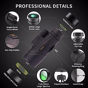 zukakii 12x50 Monocular Telescope, 2021 Mini Waterproof Telescope for Adult with Smartphone Holder & Tripod, BAK4 Prism FMC Lens for Bright Large View Bird Watching Hunting Hiking Camping Travel