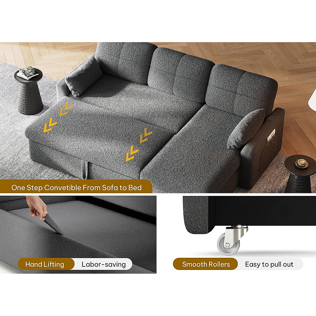 DWVO 86" Sectional Sofa Couch, 2 in 1 Sleeper Sofa Bed with Reversible Storage Chaise Pull Out Bed, L-Shape Sofa Bed for Living Room, Side Storage Pocket, Teddy Fleece, Grey