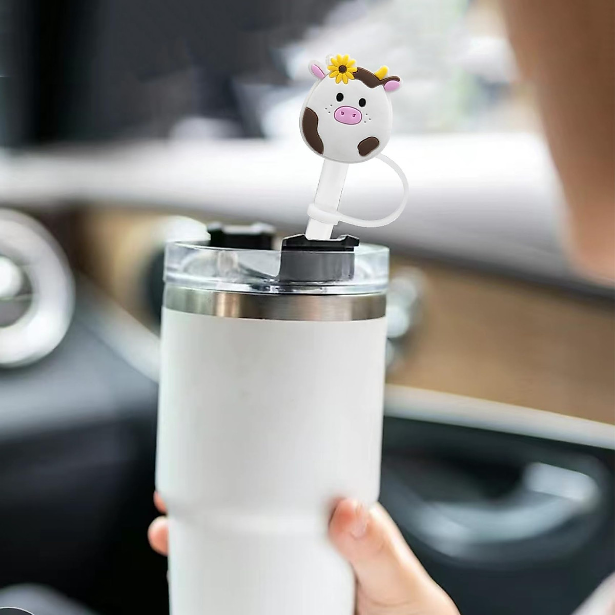 Straw Cover Cap for Stanley Cup 30 Oz 40 Oz Tumblers - 10mm Cute Cow Straw Tips Covers,Silicone Straw Toppers, Funny Animals Straw Covers Cap Plugs,Anti-dust Straw Tip Drinking Straw Tips Lids