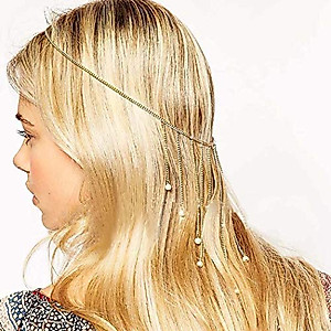 Urieo Bohemian Head Chain Peal Tassel Headpiece Wedding Festival Prom Headband Hair Accessories Jewelry for Women and Girls(Gold)