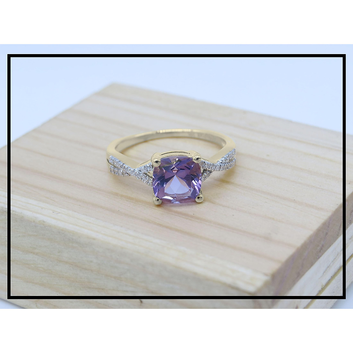 Dazzlingrock Collection 7MM Cushion Amethyst & Round White Diamond Swirl Crisscross Split Shank Engagement Ring for Women | 14K Yellow Gold, Size 6.5