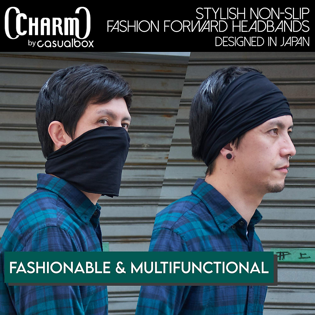 CHARM Mens Head Wraps Elastic Bandana - Japanese Headband Workout Women Hair Black