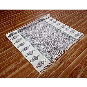 Casavani Hand Block Printed Cotton Dhurrie Geometric Brown & Black Tassel Rug Easy Care Washable Rugs for Doormat Entryway Living Room Bedroom Hallway Balcony 9x9 Feet Square