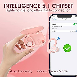 Wireless Earbuds with Earhooks Cute Pink for Womens, in Ear Bluetooth Headphones Sport with bass Boost, Built in Mic, IPX7 Waterproof Earphones with Over Ear Detachable Hooks for Running Workout