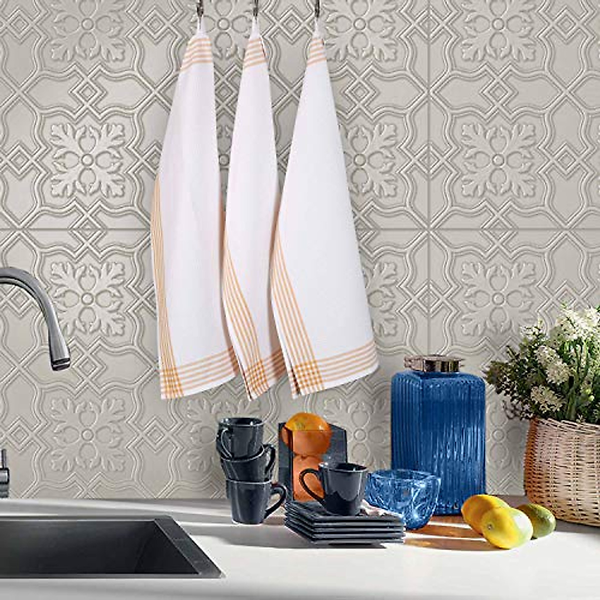 Softopia Cotton Set of 4 Border Waffle 100% Cotton Kitchen Dish Towels 18x26 Inches Absorbent Durable, Cleaning Towels with Hanging Loop, White Mustard Yellow