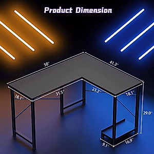 L-Shaped Wooden PC Desk for Gaming and Work - 50 Inch Writing Space-Saving Corner Table with CPU Storage Shelf, Side Bag, Home, Office, Black