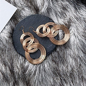 Women Gold Plated Long 70s Disco Earrings hoop round 3 circles Multi-layer drop big alloy geometric party wear Earring (disco earrings Gold)