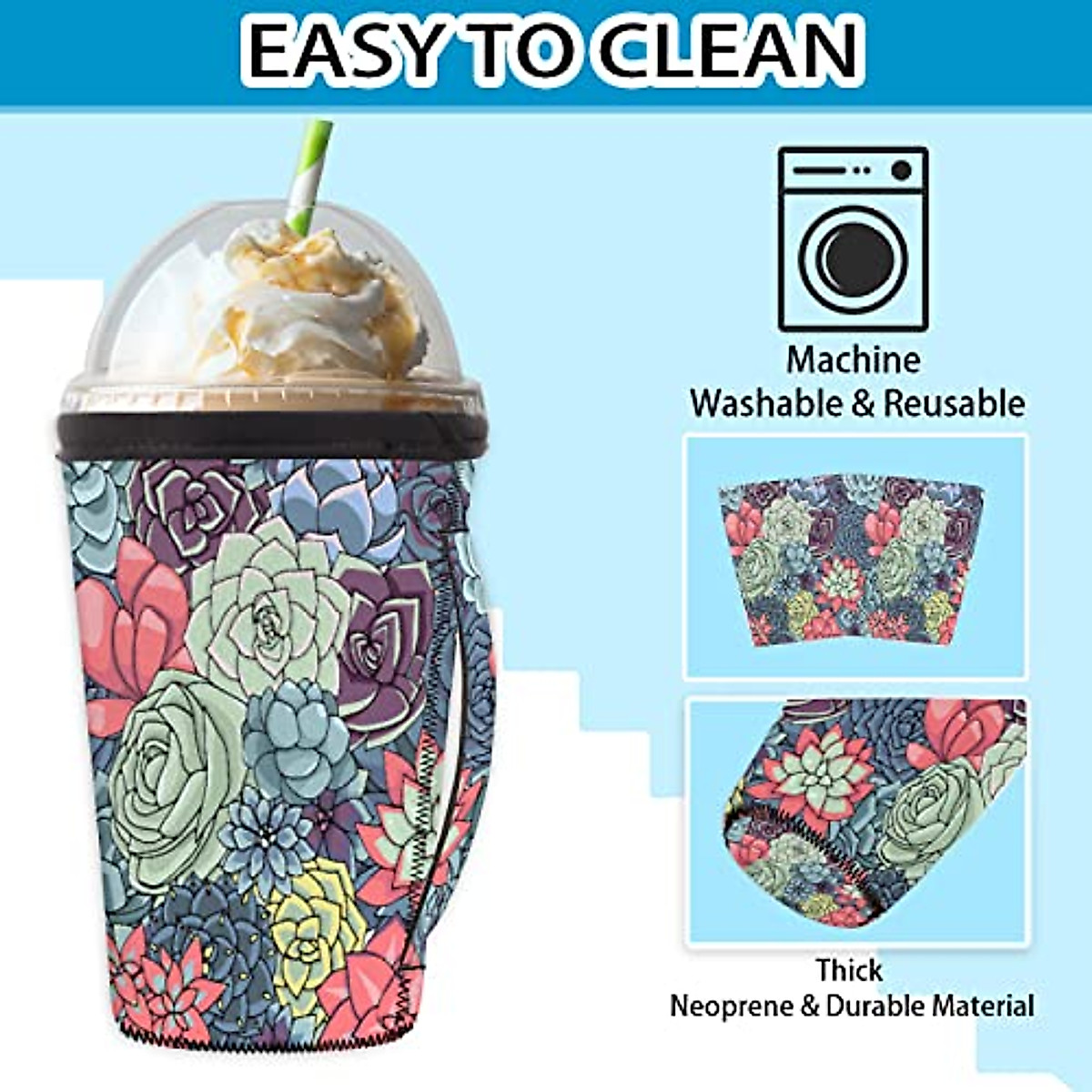 Tropical Succulent Iced Coffee Cup Sleeve with Handle for Cold Drinks Beverages Vintage Succulent Reusable Neoprene Cup Holder Insulator Sleeve 30-32oz