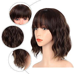ENTRANCED STYLES Dark Brown Wigs for Women, Blonde Highlights Wig Natural Looking Short Wavy Bob Wig with bangs Medium Length Heat Resistant Synthetic Wig Daily Party Use 12”