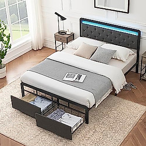 Full Size Bed Frame with 2 Storage Drawers, Button Tufted Headboard and LED Lights, Upholstered Platform Bed with Storage, Heavy Duty Metal Slats, No Box Spring Needed, Noise Free, Easy Assembly
