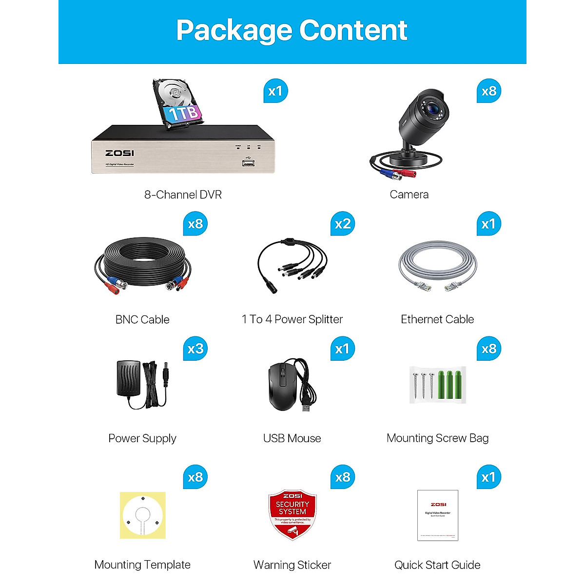 ZOSI 8CH 1080P Security Camera System Outdoor with 1TB Hard Drive H.265+ 8 Channel 5MP Lite Video DVR Recorder with 8X 1080P HD 1920TVL Weatherproof CCTV Cameras, Motion Alert, Easy Remote Access