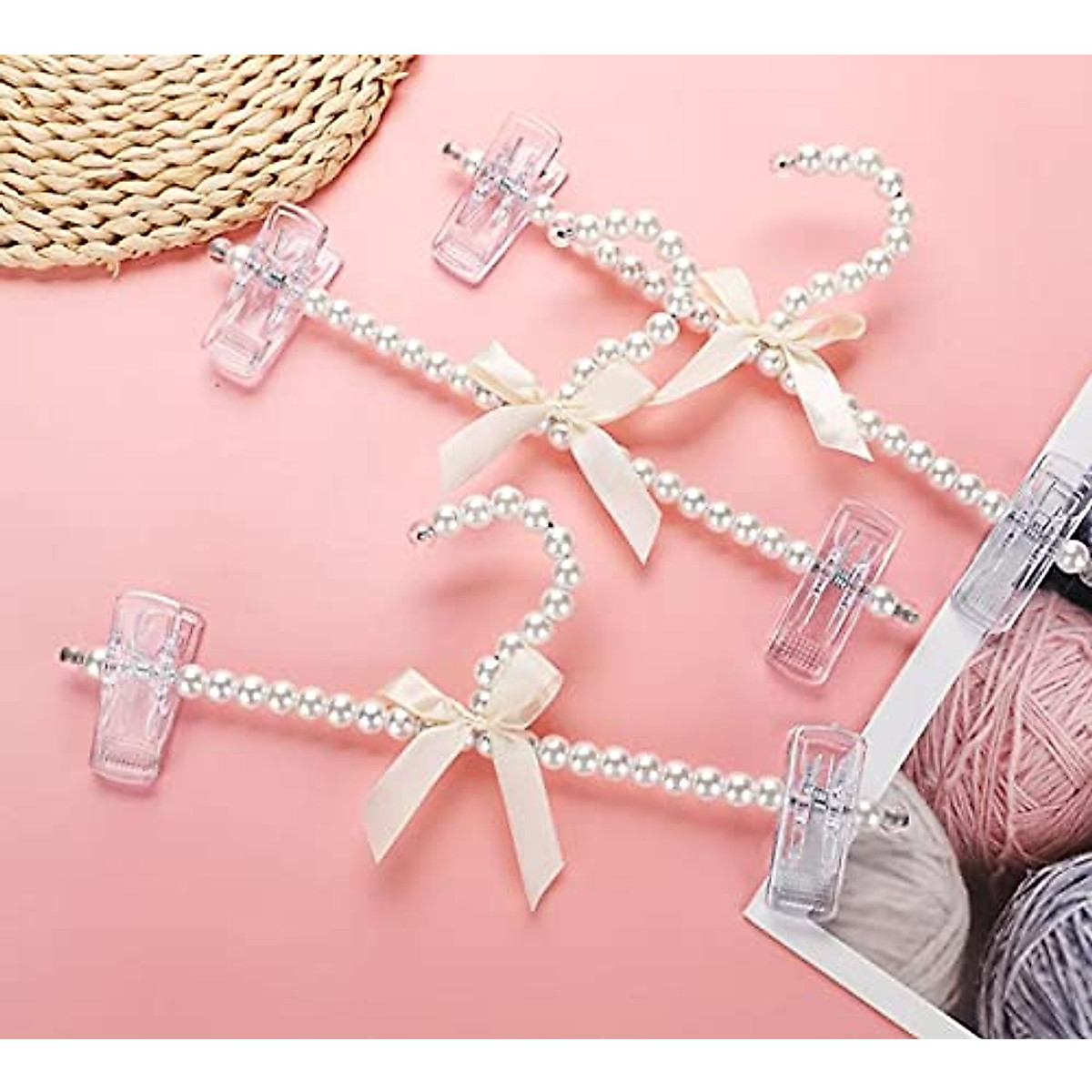 WellieSTR White Faux Pearl Bow Pants Hangers with Clips 10 Pack, Pants Hanger, Jeans/Skirt Hanger, Clip Hanger for Pant, Skirts, Slacks, Bottoms Hangers