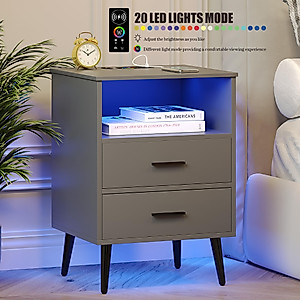 FREDEES Grey Night Stand with Charging Station and LED Lights, Nightstand with Human Sensor, 2 Drawers Smart Bedside Table, Modern End Table Furniture for Bedroom