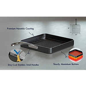 Cooks Standard Nonstick Square Grill Pan 11 x 11-Inch, Hard Anodized Grilling Skillet Pan Cookware for Camping, Home Use