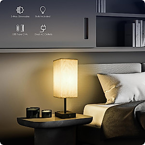 Touch Control Table Lamps Set of 2 - Nightstand Lamp for Bedroom with USB C+A Charging Ports & AC Outlets, 3-Way Dimmable Bedside Lamp Grey Fabric Shade for Bedroom Living Room, Office(Bulb Included)