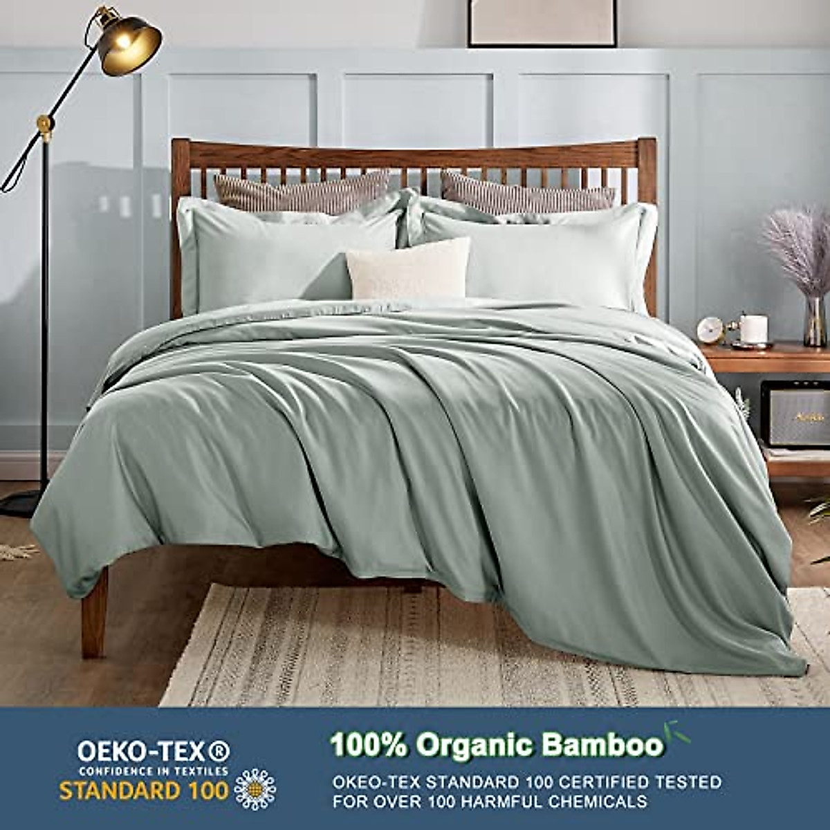 Cooling Duvet Cover Set Rayon derived from Bamboo, Queen Size Silky Green 3PCS 300TC Luxury Comforter Cover 90" x 90", Oeko-Tex Cooling Duvet Covers with Zipper Closure and Corner Ties