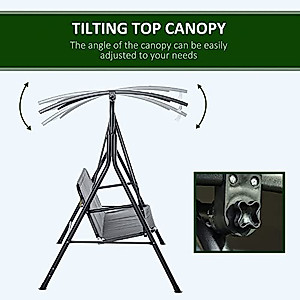 Outsunny Outdoor Patio Swing Chair, Seats 3 Adults, Includes Stand, Adjustable Sun Shade Canopy, Steel Frame, Shaded Bench, Gray