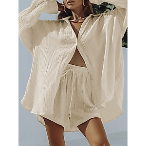 Linsery Women Two Piece Outfits Short and Button Up Shirt Set Lounge Sets Apricot Small