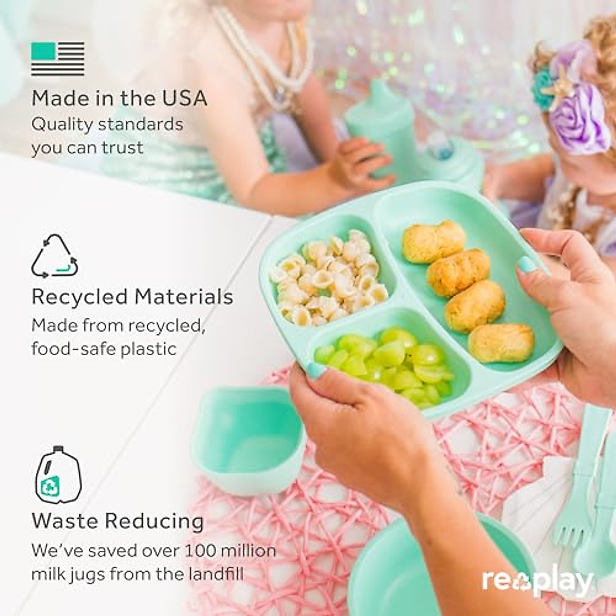 Re-Play Made in USA Deep Walled 3 Compartment Plates, Pack of 4 - Reusable Divided Plates for Kids, Dishwasher and Microwave Safe - Durable Toddler Plates 7.37" x 7.37" x 1.25", Teal