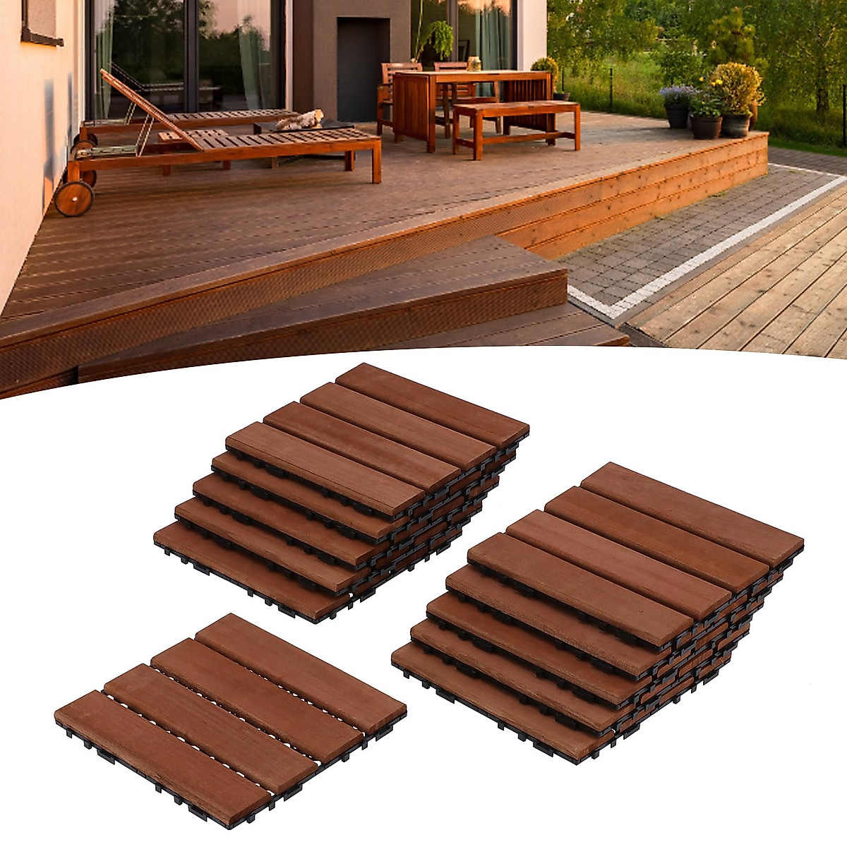 Interlocking Deck Tiles, 11Pcs Wood Flooring Tile Splicable Interlocking Floorboard for Home Outdoor Decking Garden Patio Balcony Decoration