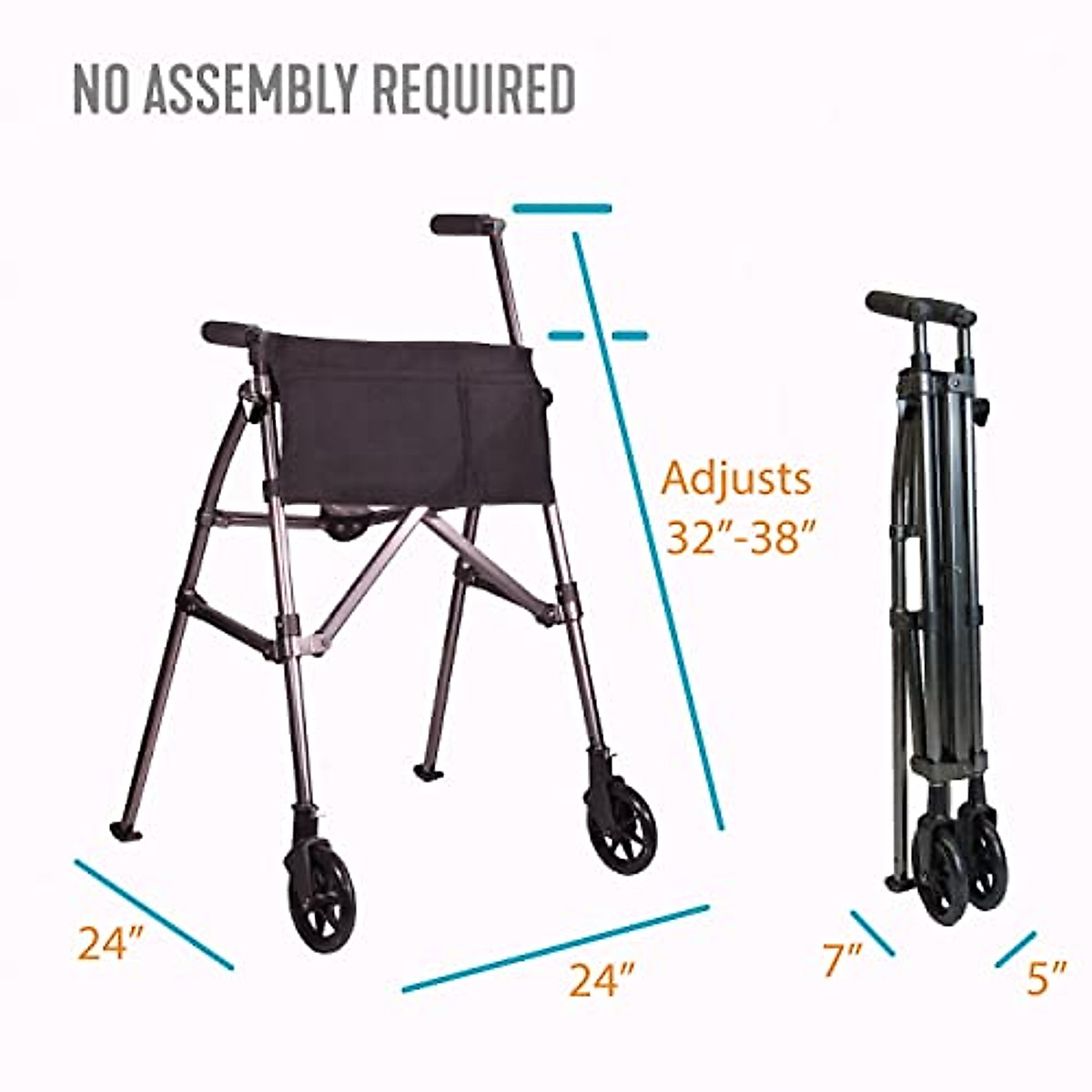 Stander EZ Fold-N-Go Walker, Lightweight Folding Rolling Walker for Adults, Seniors, and Elderly, Collapsable Travel Walker with Wheels, Ski Glides, and Pouch, Compact Standard Walker, Black Walnut