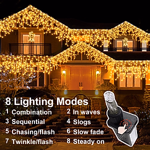 456 LED Christmas Icicle Lights Outdoor Decor 35.4Ft 72 Drops 8 Modes Plug In Window Curtain Fairy String Lights Dripping Icicle Lights Christmas Decoration Home Holiday Indoor Eave Garden(Warm White)