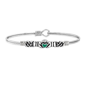 Luca + Danni Green Irish Claddagh Bangle Bracelet with Celtic Knot For Women - Silver Tone Regular Size Made in USA