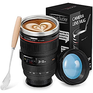 Camera Lens Coffee Mug, Lens Cups Non-BPA Stainless Steel Tumbler Leakproof Travel Mug Tea Water Bottle with Lid and Spoon - EF24-105mm f/4.0 USM Cano Lens Mug (Black)