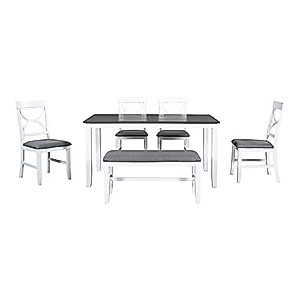 LUMISOL 6 Piece Dining Table Set Farmhouse Style Soild Wood Kitchen Dining Set with Chairs and Bench for 6 Persons, Rectangle Table with Upholstered Chair and Bench, Gray+White