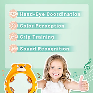 YONTY Hand Tambourine Bells, 2 Pack Yellow Bear Plastic Musical Percussion, Cartoon Pattern Kids Tambourines Rhythm Toys, Lovely Jingles Music Instrument for Christmas Birthday Gift