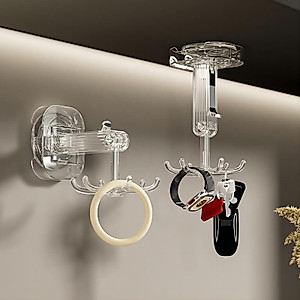 QruiLanTu Hanging Utensil Holder Hooks Kitchen Utensil Hanger Wall Mount 360° Rotating Folding Hook Strong suction cup hook Utensil Rack with 6 Hooks for Kitchen Bathroom Cabinet (Transparent Grey)