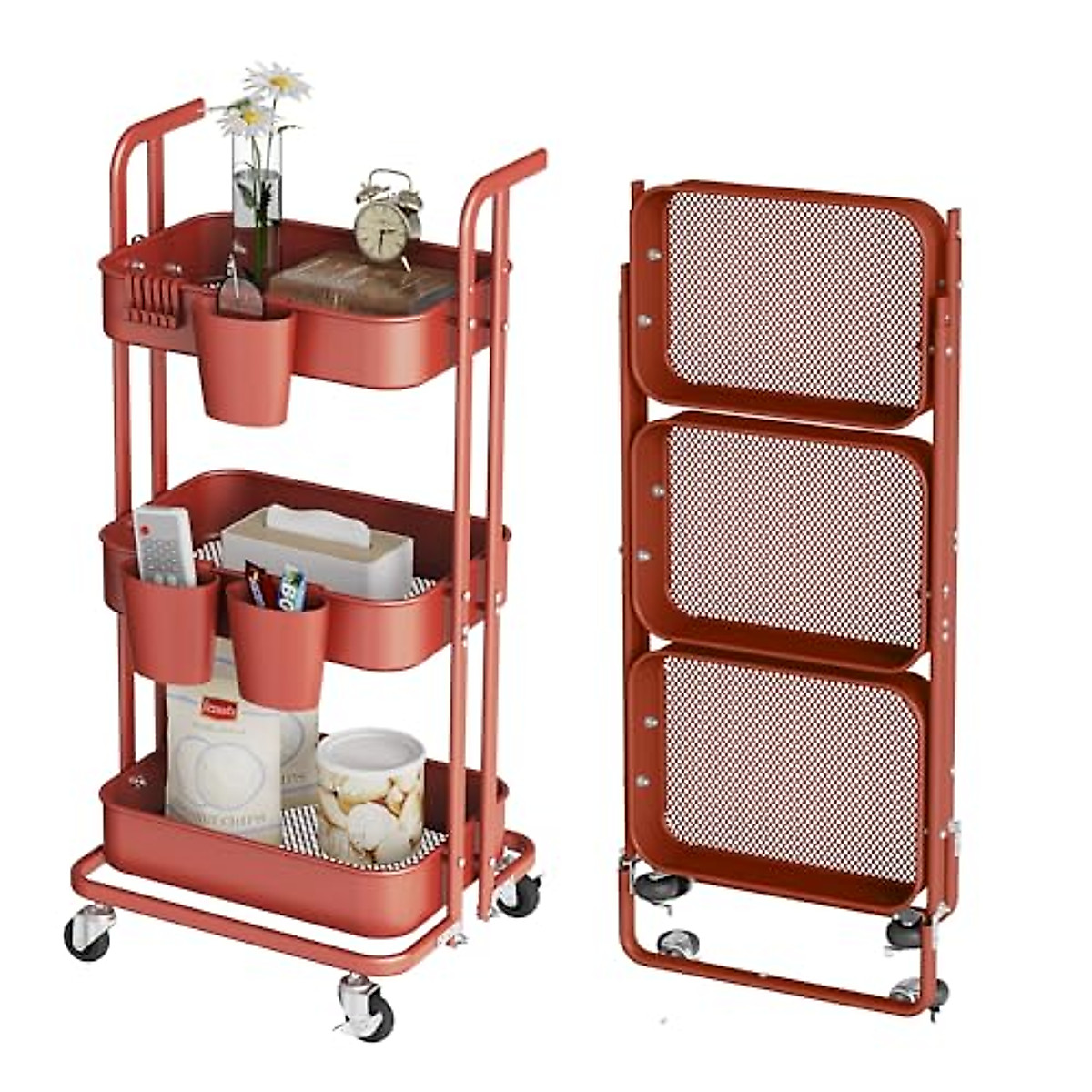 DTK 3 Tier Foldable Rolling Cart, Metal Utility Cart with Lockable Wheels, Folding Storage Trolley for Living Room, Kitchen, Bathroom, Bedroom and Office, Red